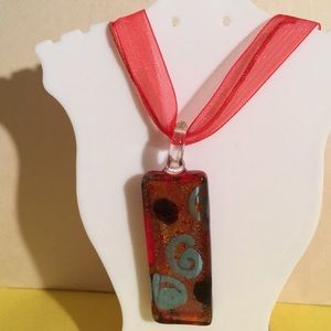 Jewelry | Red Ribbonstring Necklace With Glass Pendant | Poshmark